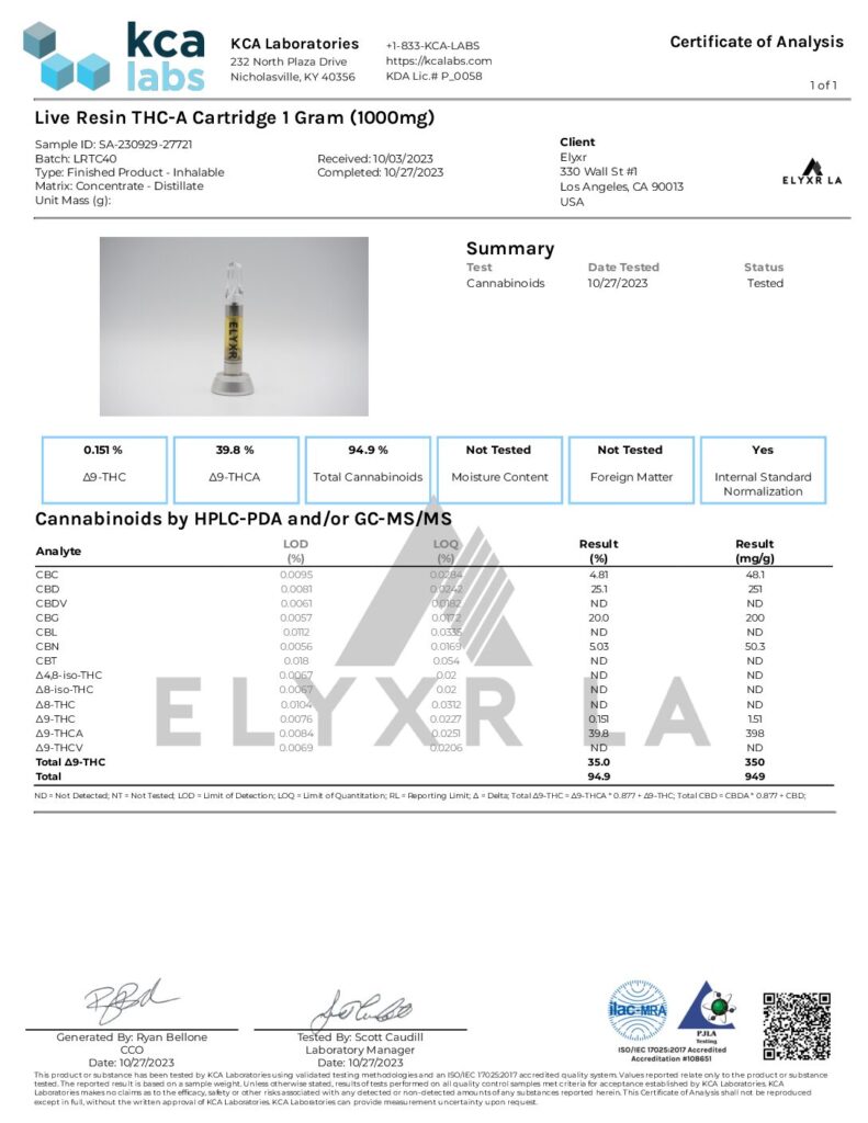 Live Resin THC-A Cartridge 1 Gram (1000mg) - Elyxr